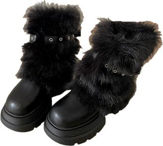 Generic JJDFW Bottes de neige &eacute;paisses dhiver pour femme Plateforme en fourrure Chaussures &agrave; talons hauts pour femme Solide Boucle de ceinture Chaud Furry Cot