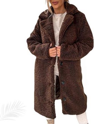 Generic Vestes longues en polaire Sherpa ouvert sur le devant pour femme Veste chaude à revers en fausse fourrure Manteau long Vestes dextérieur, café, XXL