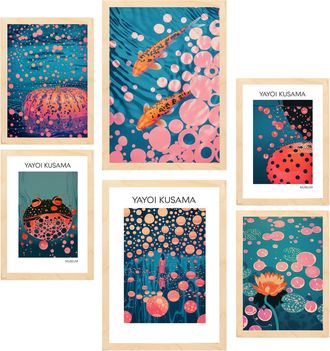Nacnic 6er-Set Yayoi Kusama Japanischer Kürbisfisch Gerahmtes Poster mit Design-Illustrationen zur Dekoration der Wände Ihres Zuhause Zimmer Büro Laden Maler