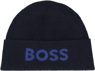 HUGO BOSS Mens Boss Knit Cap With Logo Blue Other Fibers Hat