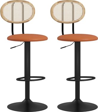HOMCOM K&uuml;chenhocker Drehhocker, 2 St&uuml;ck, h&ouml;henverstellbar, mit R&uuml;ckenlehne aus Rattan und Fu&szlig;st&uuml;tze, moderner Hocker, Holzstruktur mit synthetischer Beschich