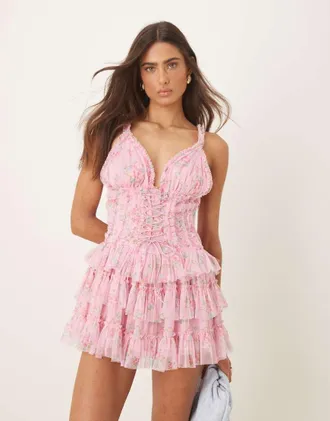 Amy Jane London Iris - T&uuml;ll-Minikleid in Rosa mit R&uuml;schen, Blumenmuster und Korsettdetail