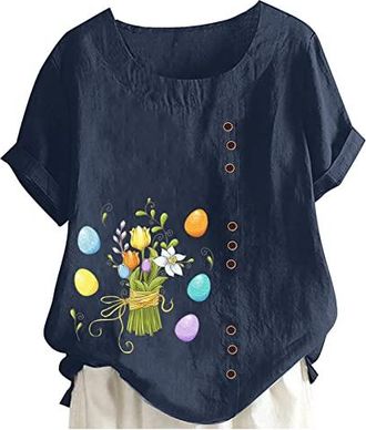 Generic Chemise &agrave; manches courtes en lin pour femme grande taille - Chemisier ample pour femme - Chemises blanches boh&egrave;me baggy chemises de sortie hauts chemi