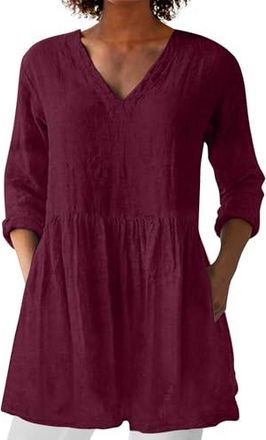 Generic Hauts en lin pour femme - Col en V - Tunique pliss&eacute;e pour femme - Manches 3/4 - En coton et lin - T-shirt surdimensionn&eacute; - Haut d&eacute;t&eacute; habill&eacute; - Haut d&eacute;