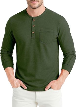 Magcomsen Herren Shirt Langarm Henley Shirts Arbeitsshirt f&uuml;r M&auml;nner mit Brusttasche Winter Freizeithemd Armeegr&uuml;n XL