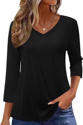 Onsoyours Tee Shirt Femme Manches 3/4 Col en V T-Shirt Ete Tunique Longue Décontracté Haut Basic Top A Noir XXL