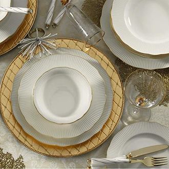 Hermia Elegant 24-Piece Dinner Set, 100% Porcelain, White & Gold | Includes Service Plates, Bowls, Dessert Plates | Perfect for Special Occasions & Dining