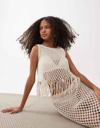 Asos Top de qualit&eacute; sup&eacute;rieure en maille crochet&eacute;e &agrave; la main avec franges et perles - Blanc