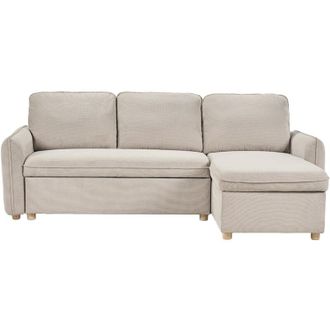 Miliboo Canap&eacute; dangle convertible r&eacute;versible avec coffre 3 places en tissu chenille beige et bois clair ORSO