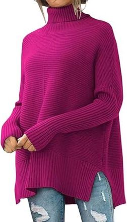 Generic Pull en Maille c&ocirc;tel&eacute;e pour Femme, d&eacute;contract&eacute;, surdimensionn&eacute;, col roul&eacute;, Tunique dautomne, Coupe Ample, Chaud, v&ecirc;tements dhiver, Rose, Rouge, Taille