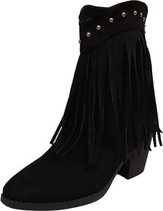Generic Bottes de cowboy pour femme avec large franges de mollet - &Eacute;l&eacute;gantes - Style r&eacute;tro - Bout pointu - Couleur unie - Talon &eacute;pais - Confortables - &Agrave; enfil