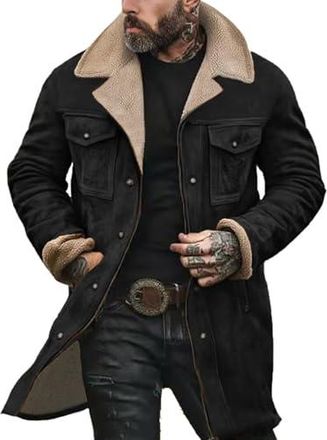 Generic Manteau de cowboy western vintage en daim avec col en peluche pour homme - Veste dhiver en similicuir vieilli à manches longues avec fermeture éclair 
