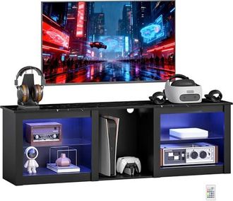 HOMCOM Meuble TV LED RGB Meuble t&eacute;l&eacute; Bois Banc TV jusqu&agrave; 65 Pouces avec &eacute;tag&egrave;res en Verre r&eacute;glables, 5 niches, Passe-c&acirc;bles et t&eacute;l&eacute;commande pour Salon, Chamb
