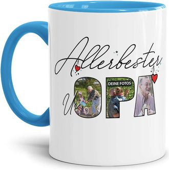 Tassendruck Fototasse mit Spruch - Allerbester Uropa - zum Selbst gestalten mit Foto-Collage für 3 Fotos, Innen & Henkel Hellblau, 300 ml