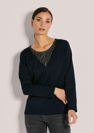 Madeleine Langarmshirt Glamour&ouml;ser Pullover, Strassakzente Rundhals-Shirt mit Strass, lang&auml;rmelig aus Baumwoll-Stretch
