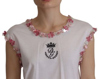 Dolce & Gabbana Womens White Dg Crown Floral Sequin T-Shirt Cotton