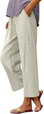 Generic Pantalon en lin pour femme d&eacute;contract&eacute; et ample Palazzo en coton et lin - Jambe large - Cordon de serrage - Taille &eacute;lastique avec poches - Pantalon de