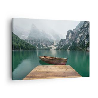 Arttor Bilder auf Leinwand Berge See Boot Leinwandbild mit Rahmen 70x50cm Wandbilder Dekoration Wohnzimmer Schlafzimmer Küche Deko Klein Wanddeko Bild Wand K