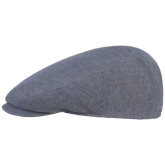 Stetson Woodfield Linen Flat Cap Leinenm&uuml;tze Herren Schirmm&uuml;tze mit UV-Schutz Herringbone Fr&uuml;hjahr Sommer braun-blau 60 cm