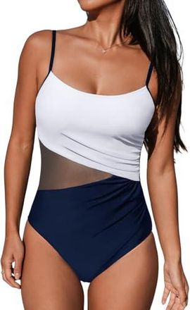 Cupshe Maillot de bain une pièce pour femme - Col rond - Découpe dans le dos - Crochet de couleur, Bleu marine/blanc., Taille XL