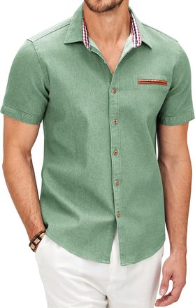 Coofandy Herren Hemd Kurzarm Jeanshemd Sommer Kurzarmhemd M&auml;nner Freizeithemd Denim Button Down Shirt mit Kariert Kent-Kragen Seladon Gr&uuml;n 4XL
