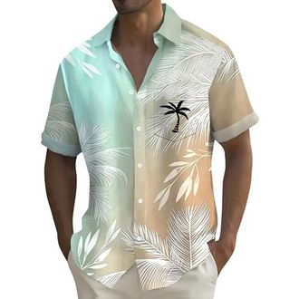 Generic Chemise hawa&iuml;enne en lin pour homme &agrave; manches courtes - Polo boutonn&eacute; - Motif floral - Coupe droite - Respirant - Classique, Vert menthe, XXL