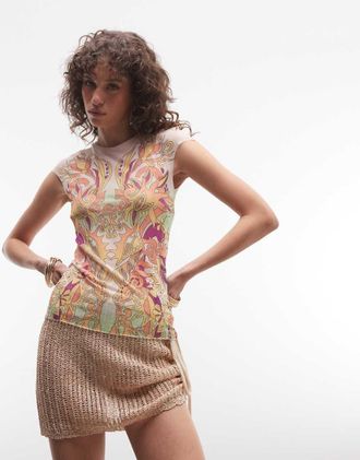 AFRM Nina - Robe courte en tulle &agrave; imprim&eacute; avec mancherons - Rose multicolore