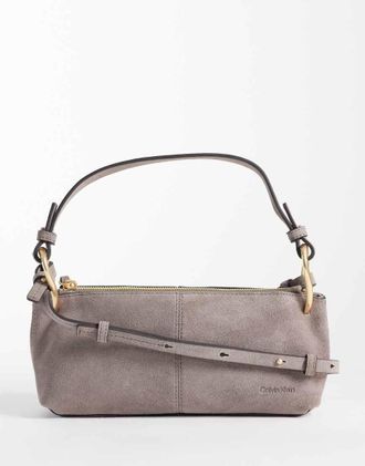 Calvin Klein Schultertasche aus Wildleder mit doppeltem Umh&auml;ngegurt in ausgewaschenem Flieder-Neutral