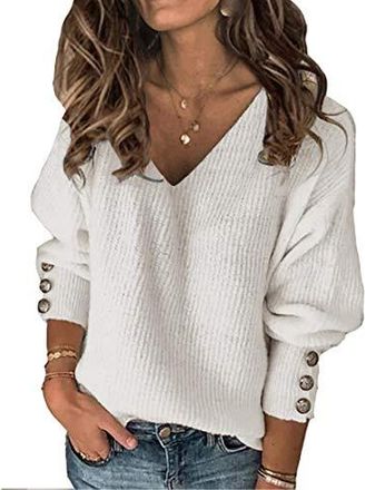 ORANDESIGNE Pull Femme Couleur Unie Décoration de Bouton Manche Longue Pull à Col Rond Top Tricoté Casual Lâche Pull Automne Hiver B Blanc XXL