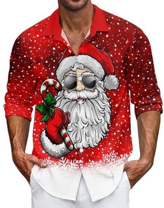 Generic Chemise de No&euml;l pour homme - F&ecirc;te de fin dann&eacute;e - Manches longues - Impression darbre de No&euml;l et neige - Chemise d&eacute;contract&eacute;e &agrave; manches longues avec c