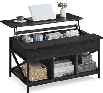 Vasagle Couchtisch, h&ouml;henverstellbarer Wohnzimmertisch, Kaffeetisch, offener und versteckter Stauraum, X-Streben, 60 x 100 x (48-62) cm, anthrazitgrau-schwarz