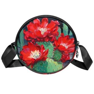 Generic Sac &agrave; bandouli&egrave;re rond pour femme, motif cactus rouge, petit sac &agrave; bandouli&egrave;re avec fermeture &eacute;clair, bretelles r&eacute;glables, sac &agrave; main rond d&eacute;contract&eacute;