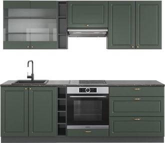 Vicco Küchenzeile Fame-Line, Grün-Gold Landhaus/Anthrazit, 235 cm ohne Arbeitsplatte