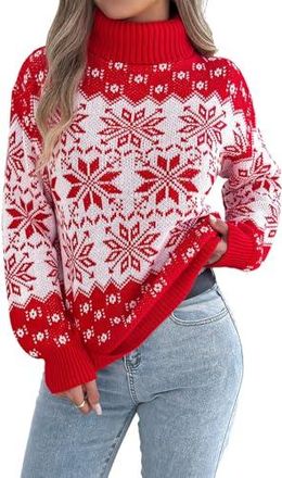 Generic Pull de No&euml;l pour femme - Col roul&eacute; flocon de neige Lanterne &agrave; manches longues Pull tendance tendance automne pull voyage quotidien, Rouge, L