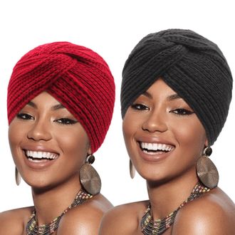 Dreshow 2 St&uuml;cke Afrikanischen Turban f&uuml;r Damen Soft Vorgebunden Knot Mode Plissee Turban Hut M&uuml;tze Kopfwickel Schlafm&uuml;tze