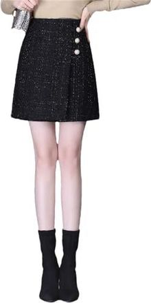 Generic Jupe Trap&egrave;ze Vintage &Agrave; Carreaux en Tweed pour Femmes, Mini Bouton, Taille Haute, Douce Black S