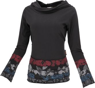 Guru Shop Kapuzenshirt, Boho Patchwork Shirt mit Schalkapuze, Biobaumwolle - Schwarz, Damen, Size:L