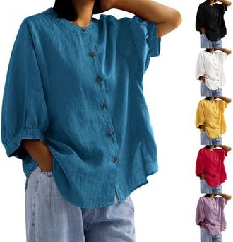 Generic HUIFUAO - Chemise d&eacute;t&eacute; &agrave; manches 3/4 en lin pour femme, grande taille, l&eacute;g&egrave;re et respirante, chemisier habill&eacute; boutonn&eacute; &eacute;l&eacute;gant, chemise de bureau ten