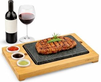 Nutrichef NutriChef Hei&szlig;er Stein Grillplatte - Tischgrill-Set mit Bambus und Keramik Ideal f&uuml;r Steak und Dinner - Nat&uuml;rliches Granit-Kochset - Servierplatte mit