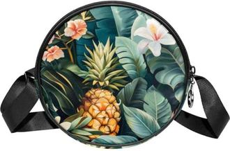 Generic Petit sac &agrave; bandouli&egrave;re rond pour femme, motif plantes tropicales, sac &agrave; dos avec fermeture &eacute;clair, bretelles r&eacute;glables, sac &agrave; main rond d&eacute;contract&eacute; p