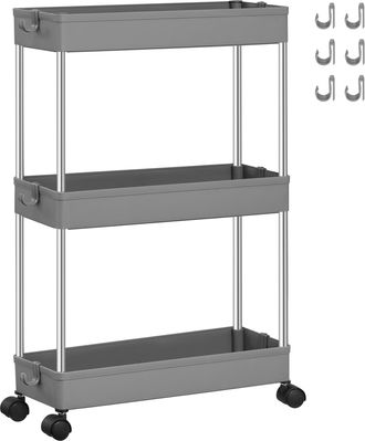 Songmics Rollwagen, K&uuml;chenwagen, K&uuml;chenregal, Nischenregal, mit 6 Haken, 360&deg; drehbare R&auml;der, Stahlgestell, Bad, K&uuml;che, B&uuml;ro, 3 Ebenen, grau KSC007G01