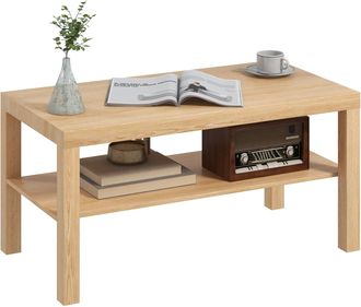 HOMCOM Klassischer rechteckiger Wohnzimmertisch mit gro&szlig;em Holzregal, Moderner Couchtisch f&uuml;r Wohnzimmer und B&uuml;ro, 90x45x44,5 cm, Naturholz