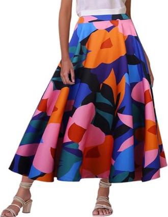 Generic Robe boh&egrave;me 2026 pour femme, jupe midi trap&egrave;ze &agrave; motif floral, grande taille, robe de plage &eacute;l&eacute;gante et fluide, taille haute, bleu, XXL