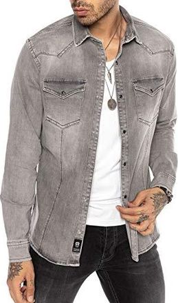 Red Bridge Chemise en Denim Jeans à la Mode pour Hommes en Coton avec Manches Longues Gris M