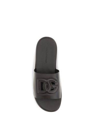 Dolce & Gabbana Mens Sandals Embossed Logo Dark Chocolate Calf Leather