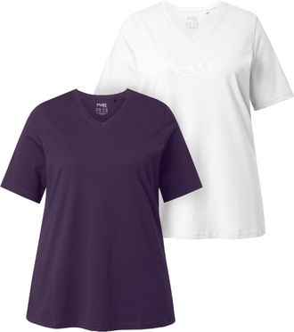 Ulla Popken Damen gro&szlig;e Gr&ouml;&szlig;en &Uuml;bergr&ouml;&szlig;en Plus Size T-Shirts, 2er-Pack, V-Ausschnitt, Halbarm, Biobaumwolle dunkelviolett 46+ 798751844-46+