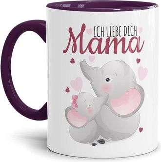 Tassendruck Tasse mit Tiermotiv Zwei Elefanten - Mama, ich Liebe Dich - Geschenk f&uuml;r die liebste Mama - Keramiktasse, Innen & Henkel Violett, 300 ml
