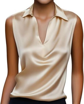 Generic D&eacute;bardeur en satin de soie pour femme avec col &agrave; revers et col en V sans manches - Camisole habill&eacute;e en satin de luxe - Haut &eacute;l&eacute;gant pour le bureau, l