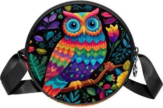 Generic Sac à bandoulière rond pour femme, motif hibou coloré avec fermeture éclair, bretelles réglables, sac à main rond décontracté pour femmes et filles