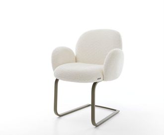 DELIFE Freischwinger Nube-Flex mit Armlehnen Boucl&eacute; Wei&szlig; Freischwinger flach Effektfinish Titan Taschenfederkern, Esszimmerst&uuml;hle